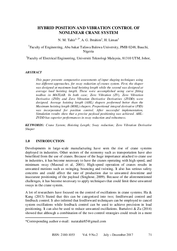 (PDF) Hybrid Position and Vibration Control of Nonlinear Crane System