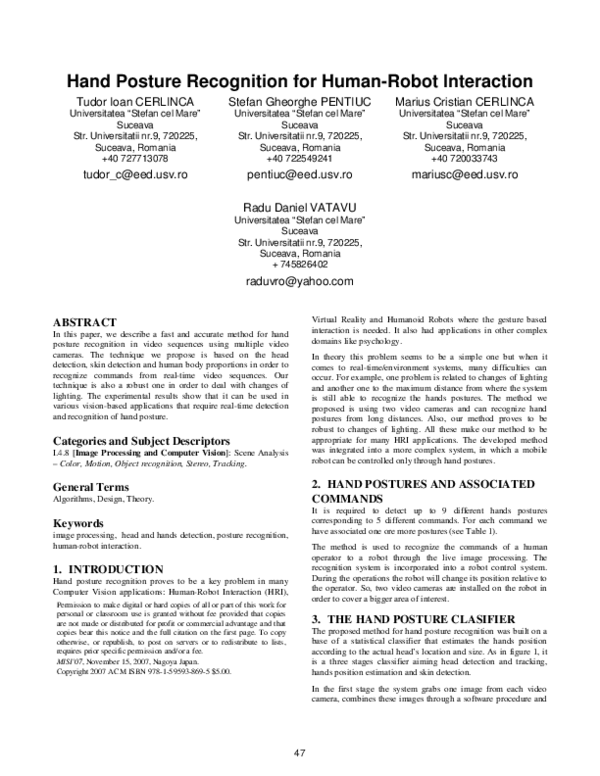 Pdf Hand Posture Recognition For Human Robot Interaction