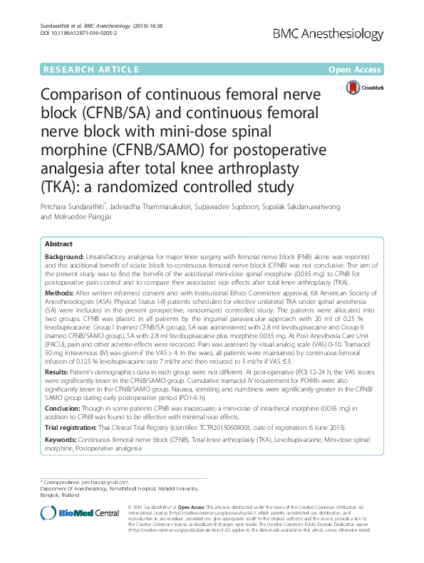 (PDF) Comparison of continuous femoral nerve block (CFNB/SA) and ...