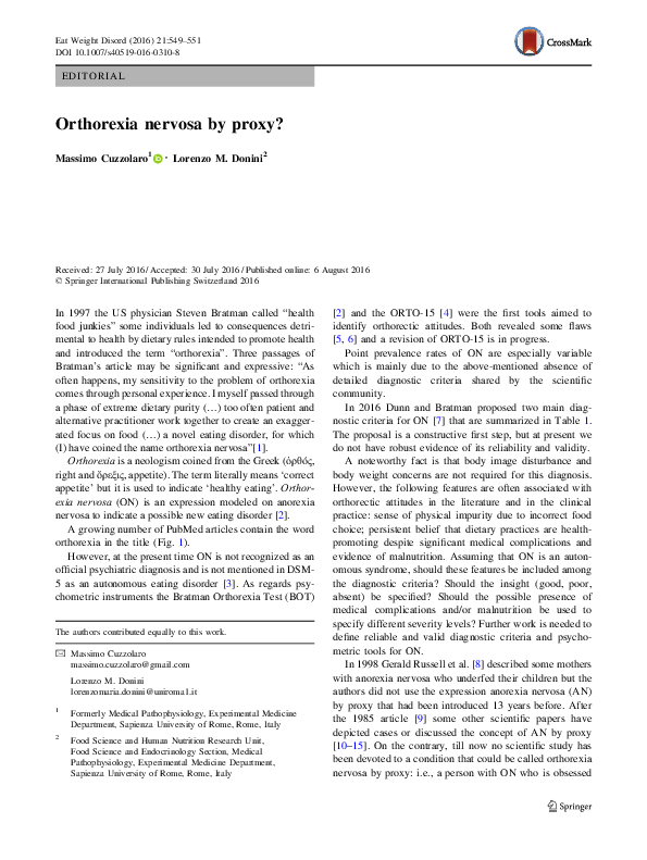 (PDF) Orthorexia nervosa by proxy? | Massimo Cuzzolaro - Academia.edu