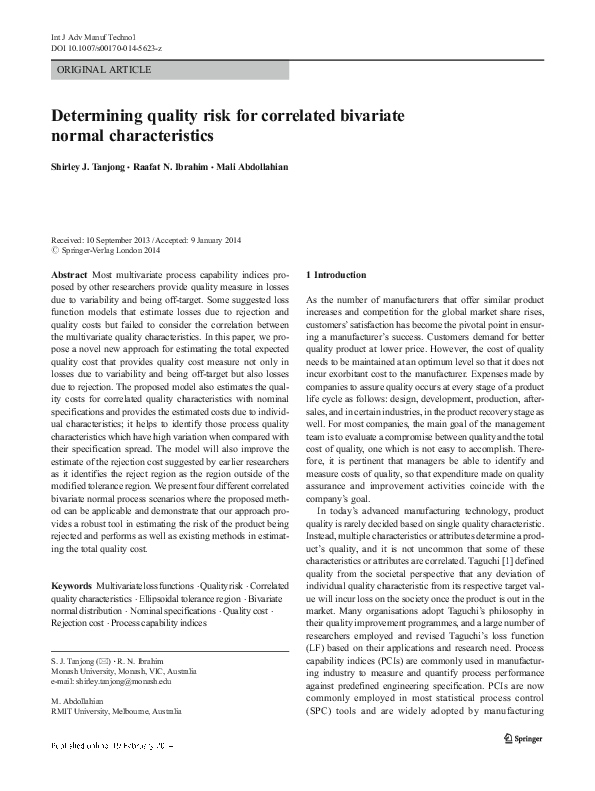 (PDF) Determining quality risk for correlated bivariate normal characteristics