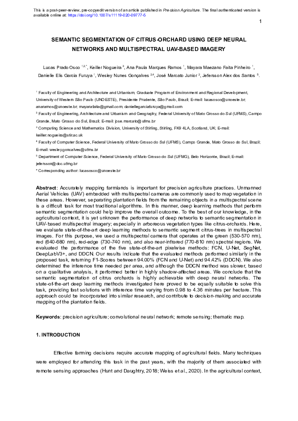 Pdf Semantic Segmentation Of Citrus Orchard Using Deep Neural Networks And Multispectral Uav