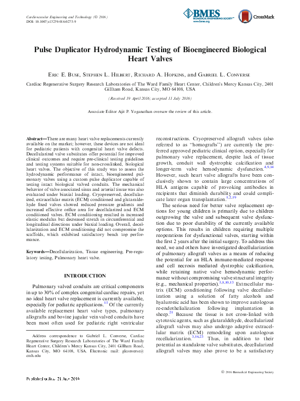 (PDF) Pulse Duplicator Hydrodynamic Testing of Bioengineered Biological ...