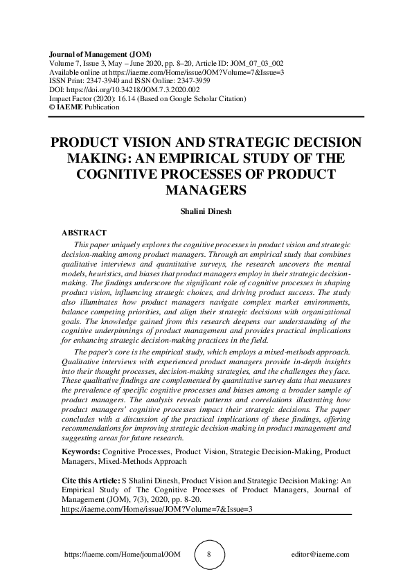(PDF) PRODUCT VISION AND STRATEGIC DECISION MAKING: AN EMPIRICAL STUDY OF THE COGNITIVE ...