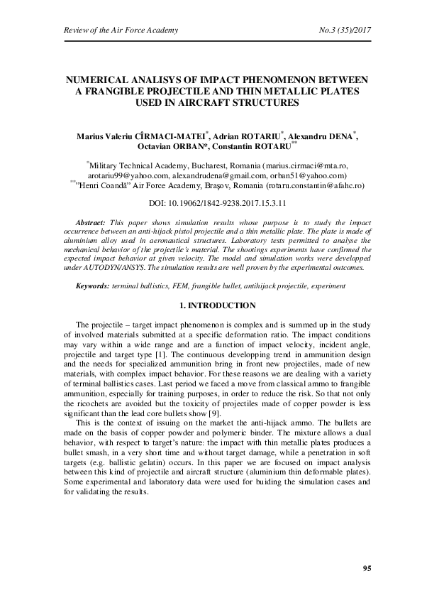 (PDF) Numerical Analisys of Impact Phenomenon Between a Frangible Projectile and Thin Metallic ...