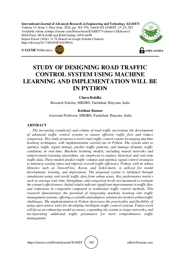(PDF) STUDY OF DESIGNING ROAD TRAFFIC CONTROL SYSTEM USING MACHINE LEARNING AND IMPLEMENTATION ...