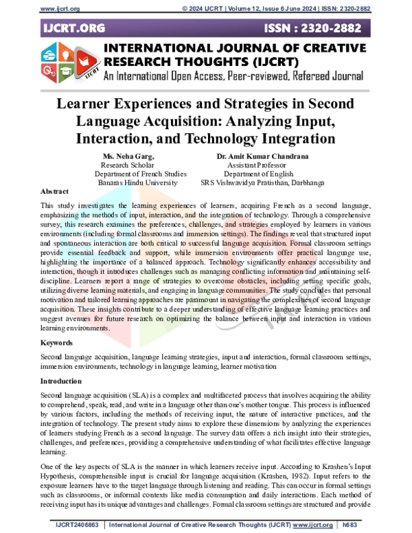 Pdf Learner Experiences And Strategies In Second Language Acquisition Analyzing Input