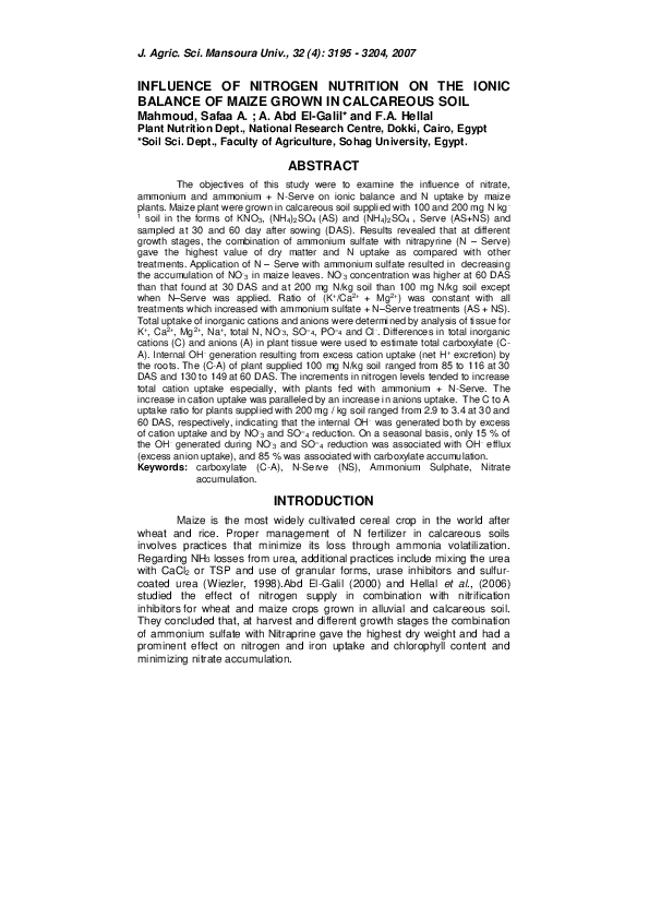 (PDF) Influence of Nitrogen Nutrition on the Ionic Balance of Maize Grown in Calcareous Soil