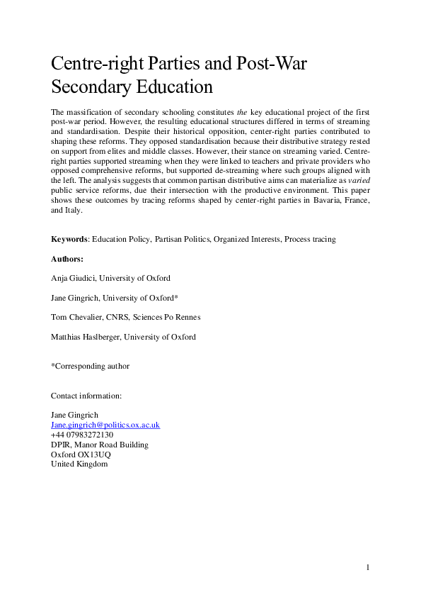 (PDF) Center-Right Parties and Post-War Secondary Education