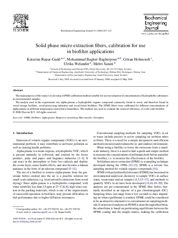 (PDF) Solid phase micro extraction fibers, calibration for use in biofilter applications