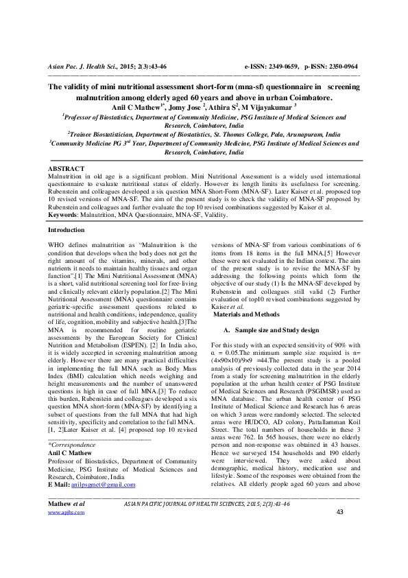 (PDF) The validity of mini nutritional assessment short-form (mna-sf ...