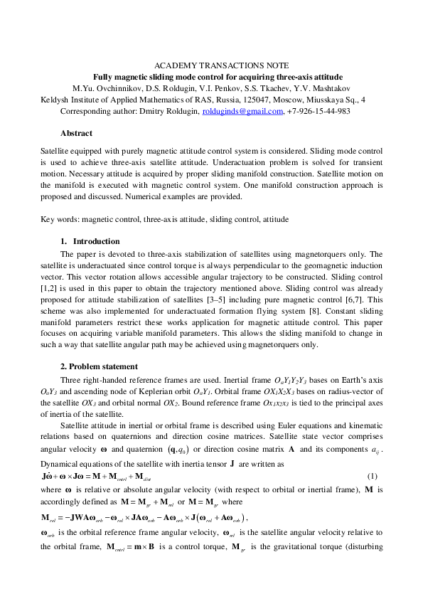 (PDF) Fully magnetic sliding mode control for acquiring three-axis attitude | Dmitry Roldugin ...