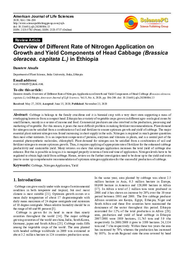 (PDF) Overview of Different Rate of Nitrogen Application on Growth and Yield Components of Head ...