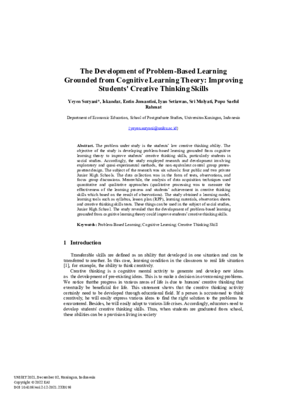 (PDF) The Development of Problem-Based Learning Grounded from Cognitive Learning Theory ...