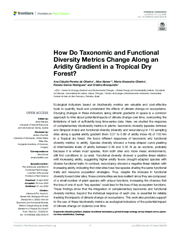 (PDF) How Do Taxonomic and Functional Diversity Metrics Change Along an Aridity Gradient in a ...