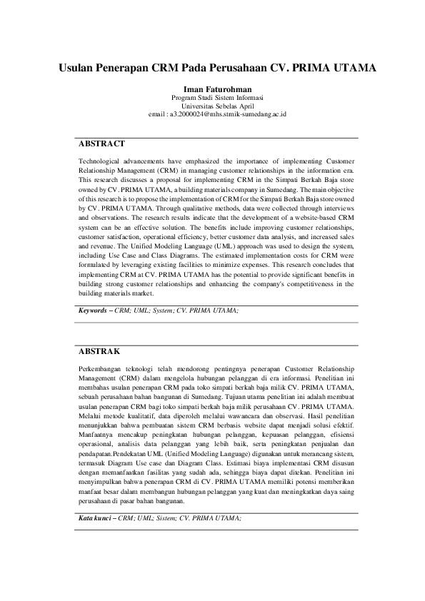 (PDF) Usulan Penerapan CRM Pada Perusahaan CV. PRIMA UTAMA | Iman Faturohman SI ANG 20 ...