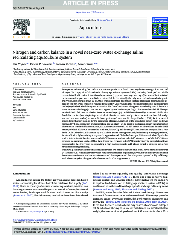 (PDF) Nitrogen and carbon balance in a novel near-zero water exchange ...