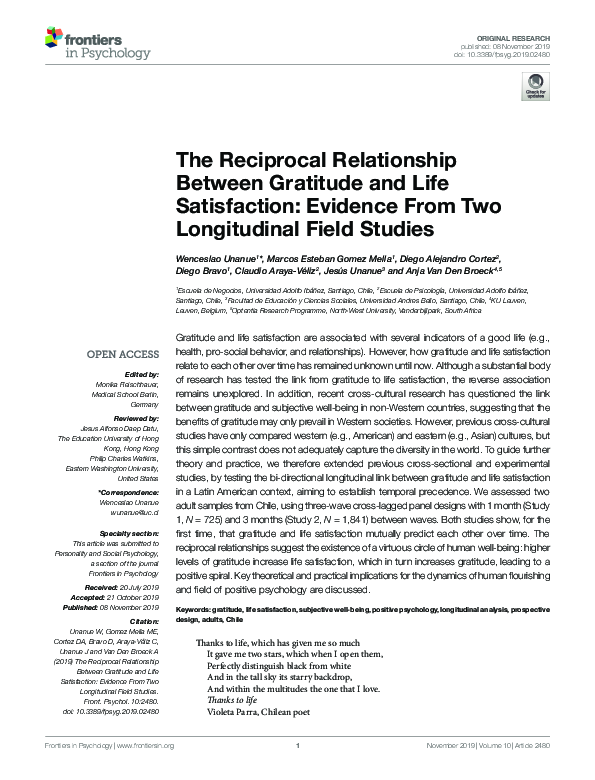 (PDF) The Reciprocal Relationship Between Gratitude and Life ...