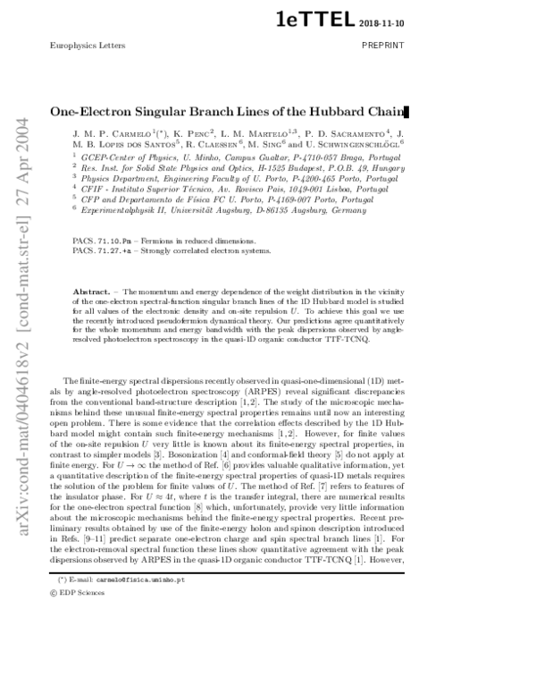 (PDF) One-electron singular branch lines of the Hubbard chain