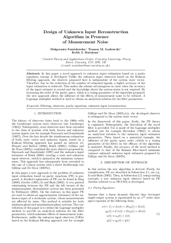 Pdf Design Of Unknown Input Reconstruction Algorithm In Presence Of