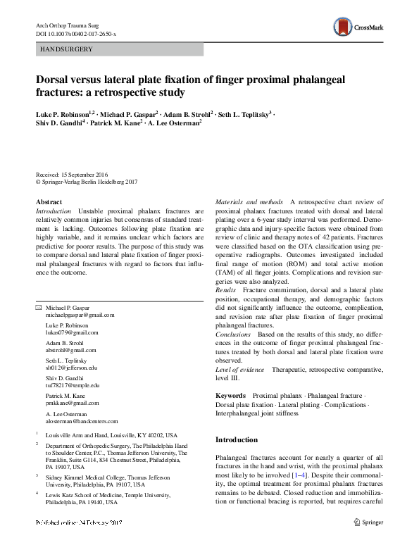(PDF) Dorsal versus lateral plate fixation of finger proximal phalangeal fractures: a ...