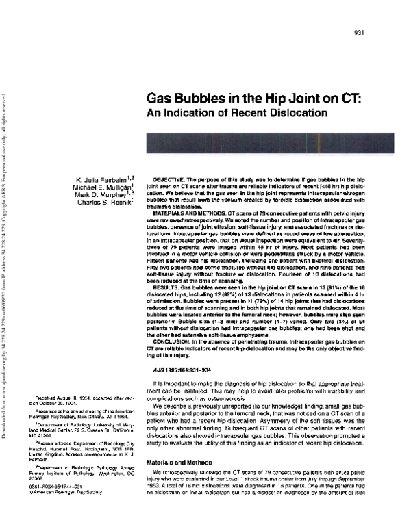 (PDF) Gas bubbles in the hip joint on CT: an indication of recent ...