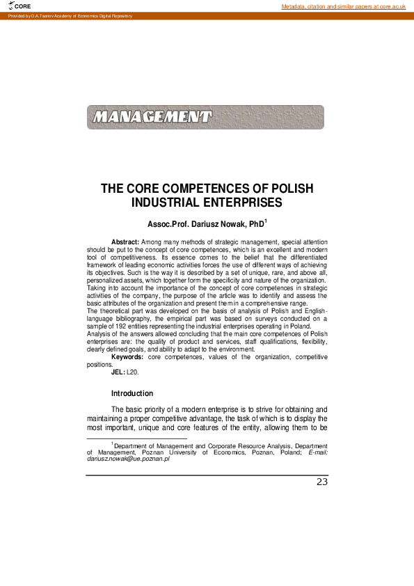 (PDF) The Core Competences of Polish Industrial Enterprises
