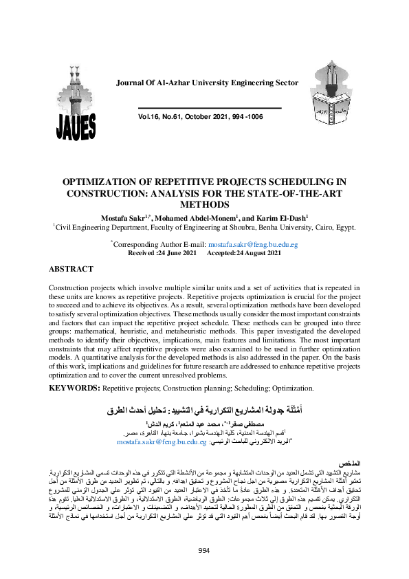 (PDF) Optimization of Repetitive Projects Scheduling in Construction: Analysis for the State-Of ...
