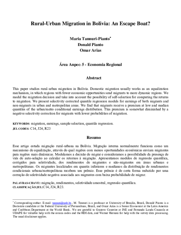 (PDF) Rural-Urban Migration in Bolivia: An Escape Boat?
