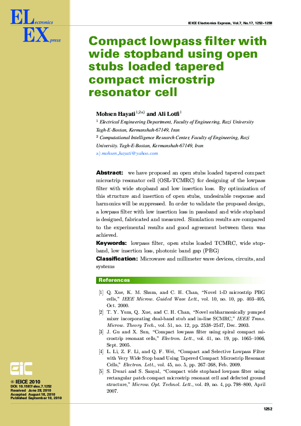 (PDF) Compact lowpass filter with wide stopband using open stubs loaded tapered compact ...