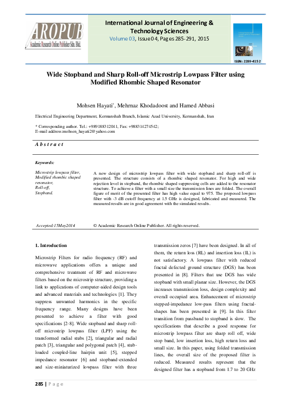 (PDF) Wide Stopband and Sharp Roll-off Microstrip Lowpass Filter using ...