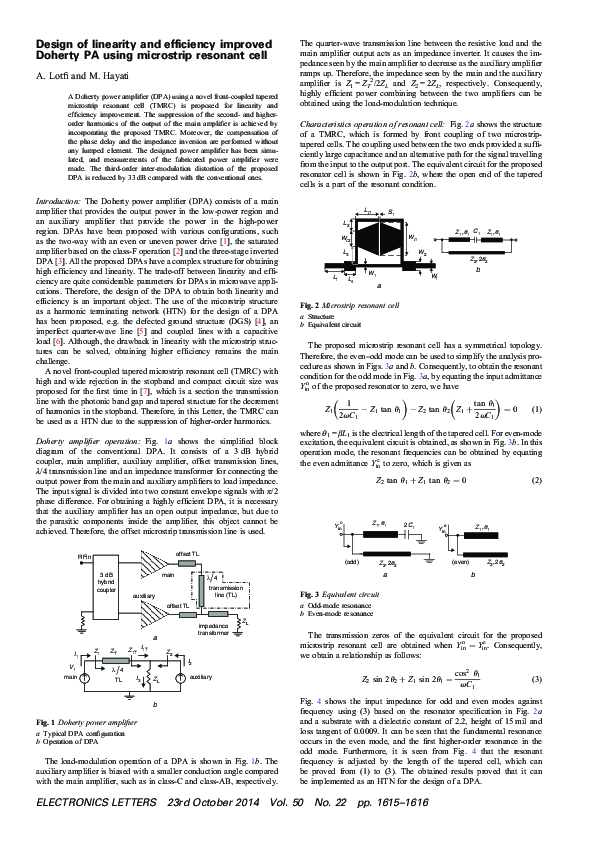 (PDF) Design of linearity and efficiency improved Doherty PA using microstrip resonant cell