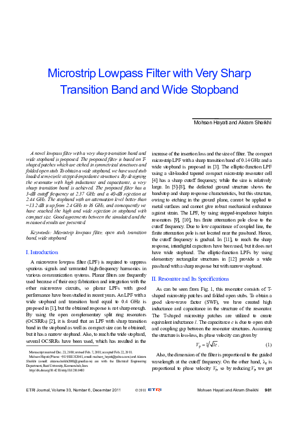 (PDF) Microstrip Lowpass Filter with Very Sharp Transition Band and Wide Stopband