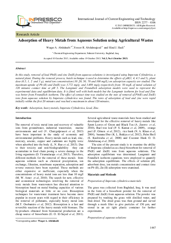(PDF) Adsorption of Heavy Metals from Aqueous Solution using ...