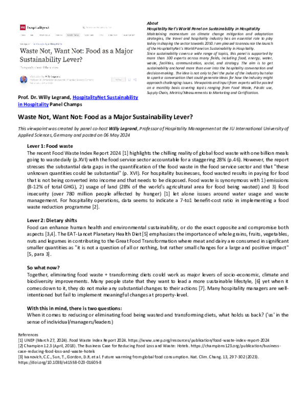 (PDF) Waste Not, Want Not: Food as a Major Sustainability Lever