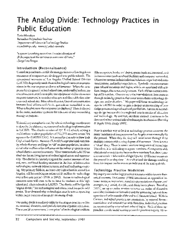 (PDF) The Analog Divide: Technology Practices in Public Education