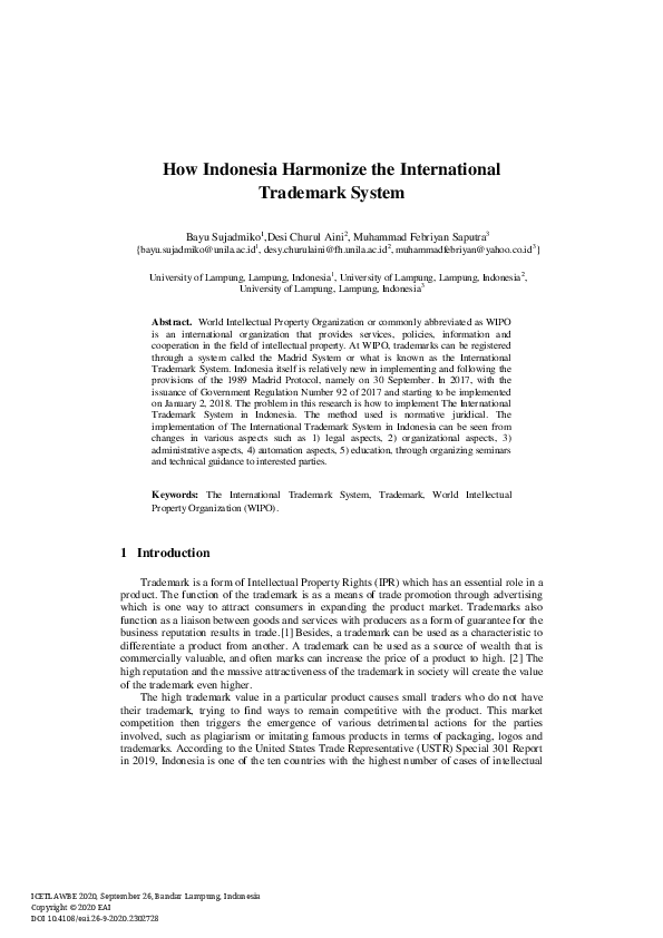 (PDF) How Indonesia Harmonize the International Trademark System