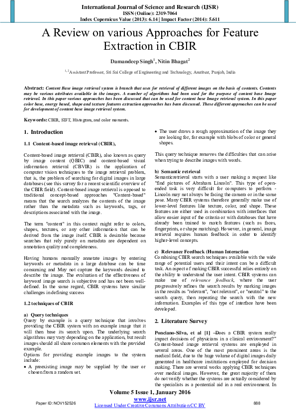 (PDF) A Review on various Approaches for Feature Extraction in CBIR