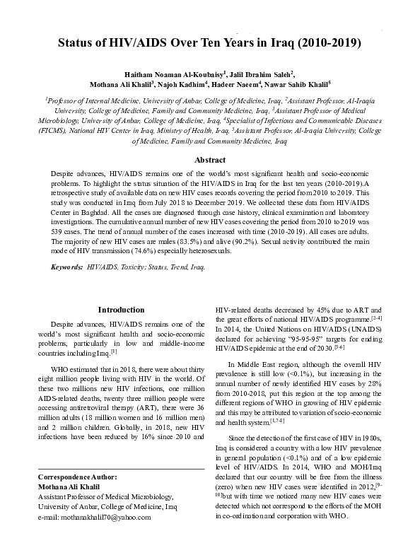 (PDF) Status of HIV/AIDS Over Ten Years in Iraq (2010-2019)