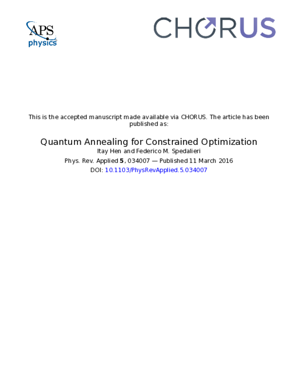 Pdf Quantum Annealing For Constrained Optimization 6416