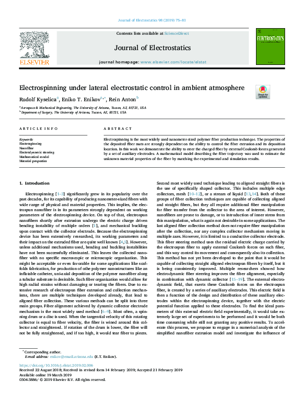 (PDF) Electrospinning under lateral electrostatic control in ambient atmosphere | Eniko Enikov ...