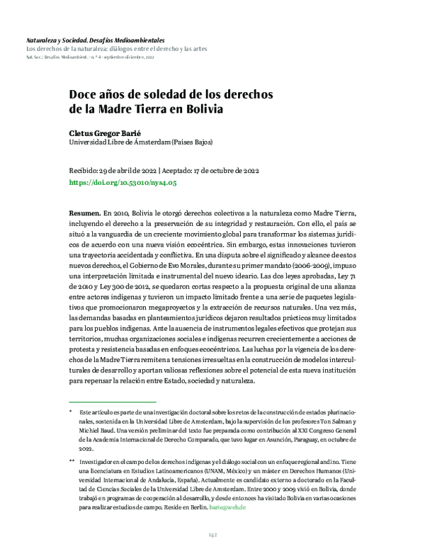 (PDF) Doce años de soledad de los derechos de la Madre Tierra en Bolivia