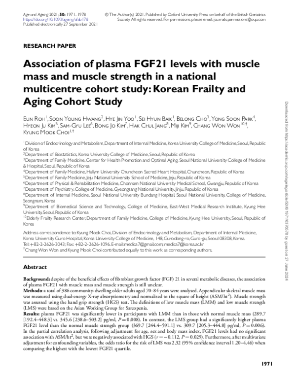 (PDF) Association of plasma FGF21 levels with muscle mass and muscle ...