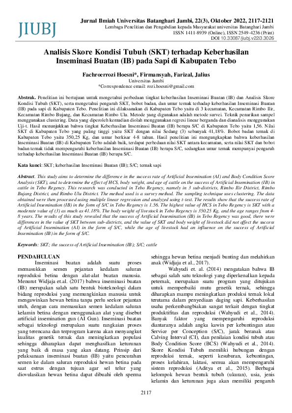 (PDF) Analisis Skore Kondisi Tubuh (SKT) terhadap Keberhasilan Inseminasi Buatan (IB) pada Sapi ...