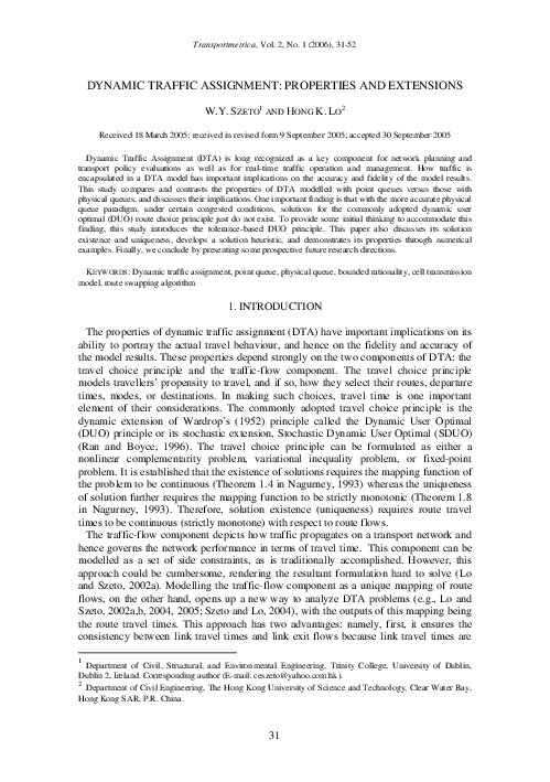 (PDF) Dynamic Traffic Assignment: Properties and Extensions