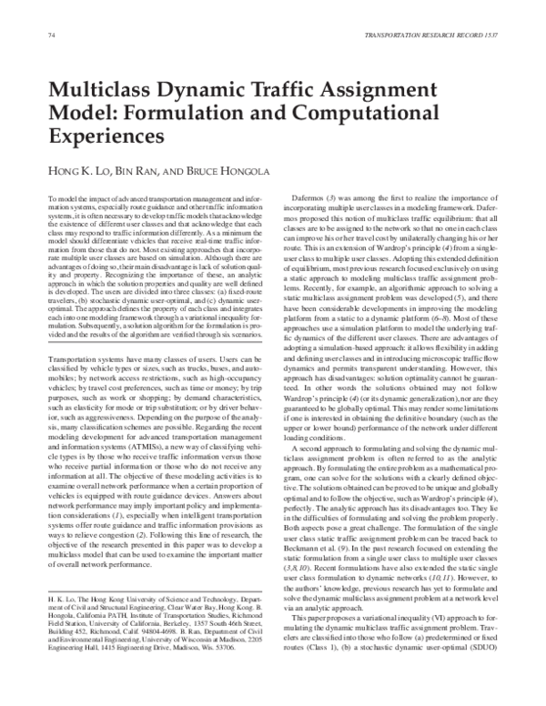 (PDF) Multiclass Dynamic Traffic Assignment Model: Formulation and ...