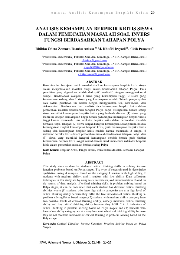 (PDF) Analisis Kemampuan Berpikir Kritis Siswa dalam Pemecahan Masalah Soal Invers Fungsi ...