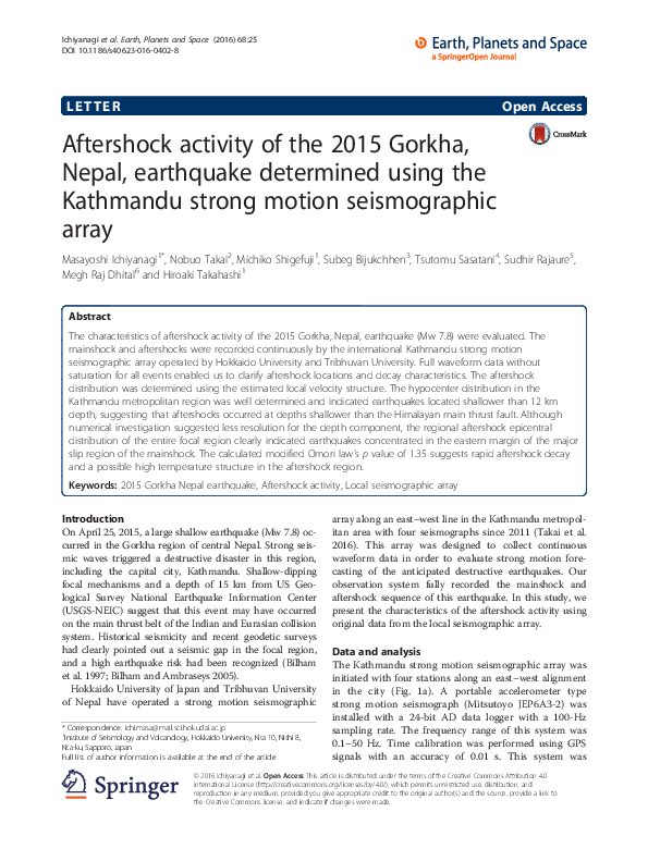 (PDF) Aftershock activity of the 2015 Gorkha, Nepal, earthquake ...