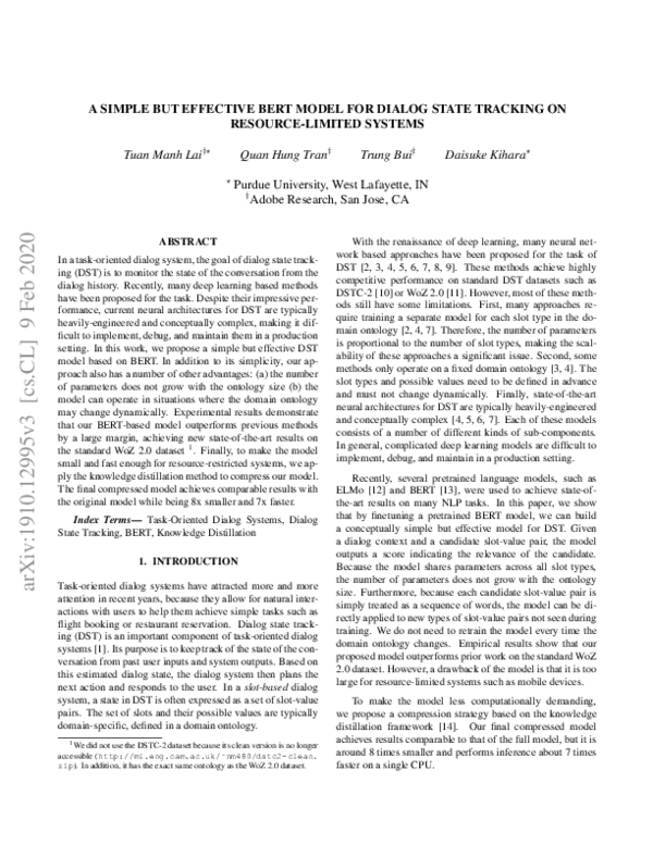 (PDF) A Simple But Effective Bert Model for Dialog State Tracking on Resource-Limited Systems