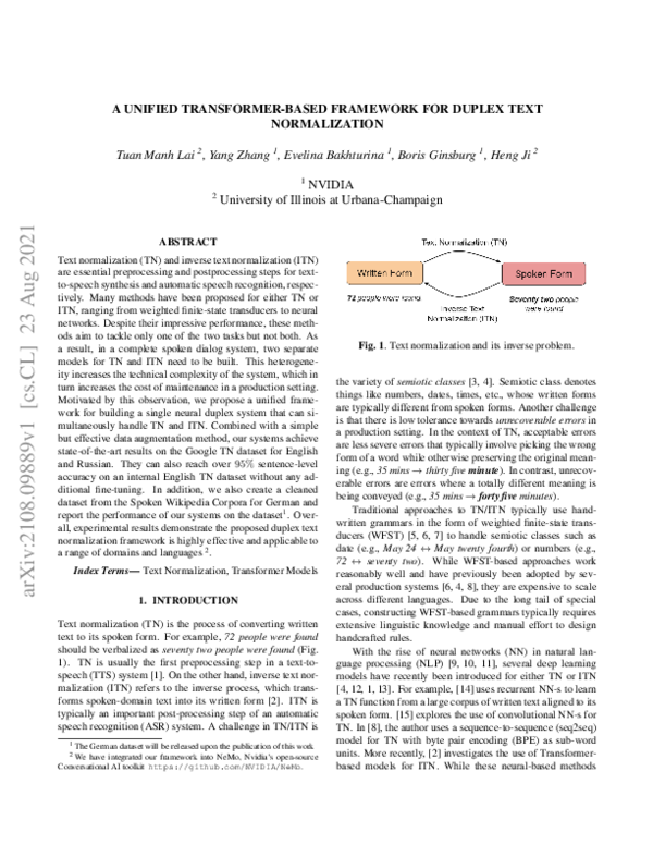 (PDF) A Unified Transformer-based Framework for Duplex Text Normalization